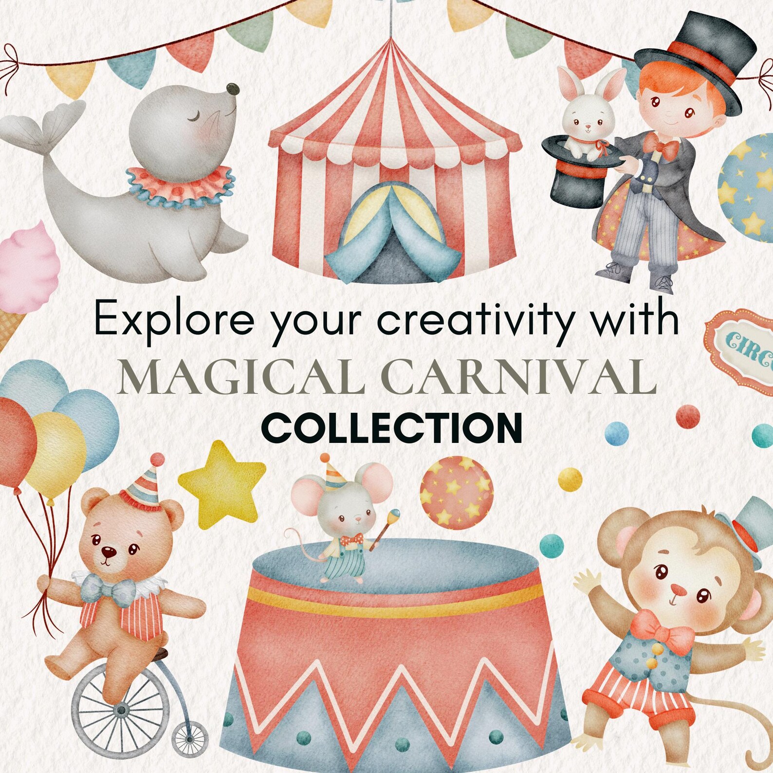 Circus Watercolor Clipart Set, Animals Illustration, Little Clown PNG ...
