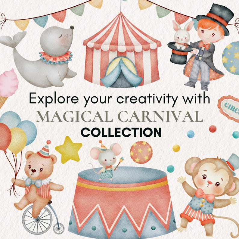 Watercolor Carnival Clipart Set, Circus Animals, Clowns (76 PNG) - Etsy