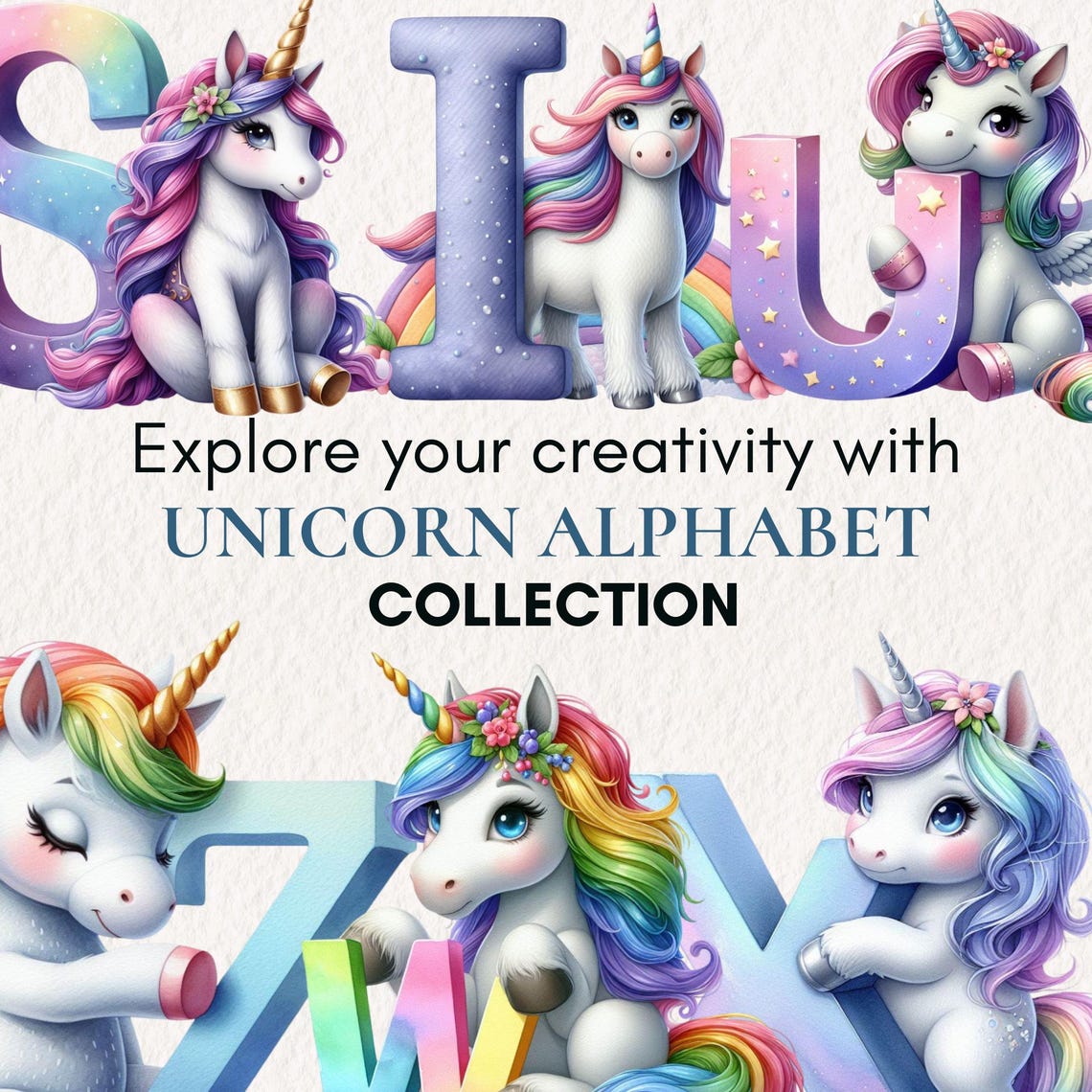 Watercolor Unicorn Alphabet Clipart, Pastel Rainbow Letters (PNG) - Etsy