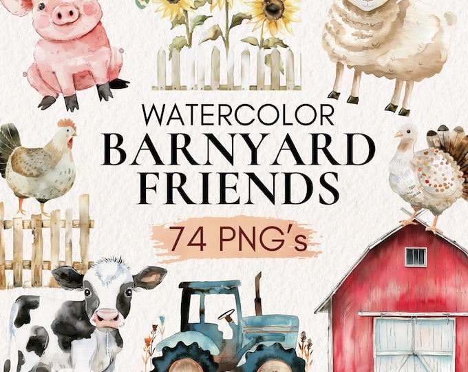 Watercolor Farm Animal Clipart, Barnyard Friends PNG (digital Download ...