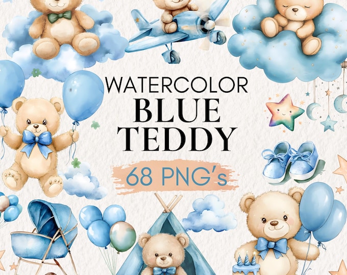 Watercolor Blue Teddy Bear Clipart, Baby Shower PNG, Cute Teddy Bear ...