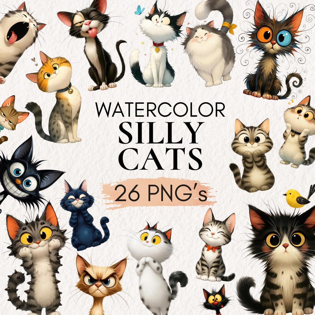 Watercolor Silly Cats Clipart: Funny Cat PNG Illustrations (digital ...