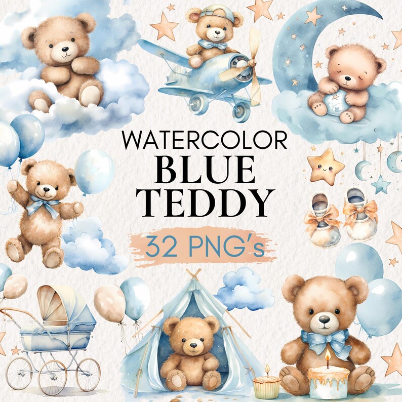 Watercolor Blue Teddy Bear Clipart, Baby Shower PNG, Cute Teddy Bear ...