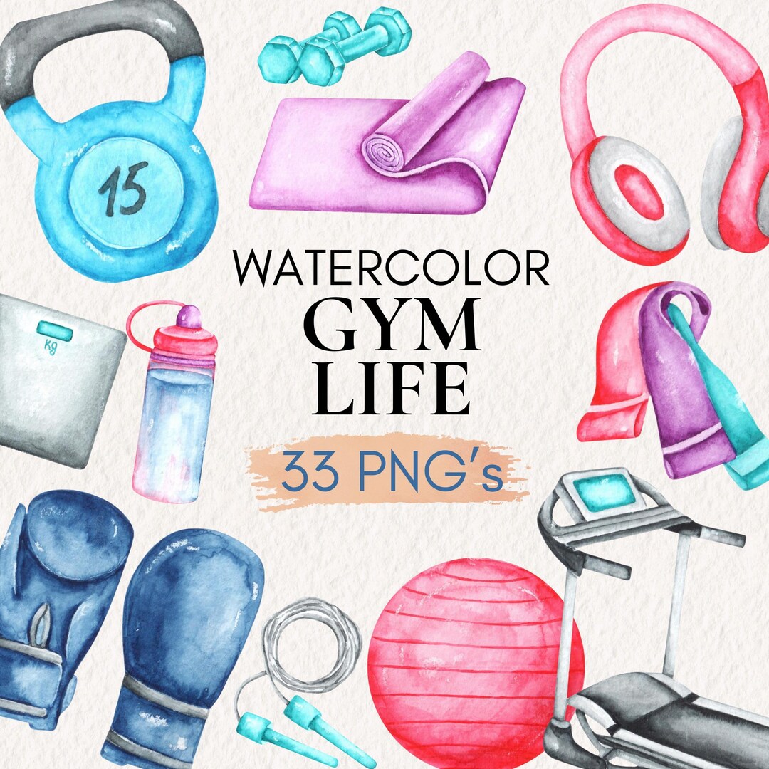 Watercolor Fitness Clipart, Gym Equipment PNG, Workout Graphics ...