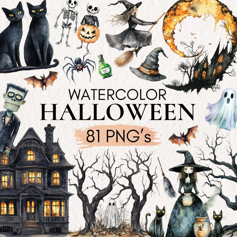 Watercolor Halloween Clipart, Witch, Ghost, Spider, Bat, Mummy, Black ...