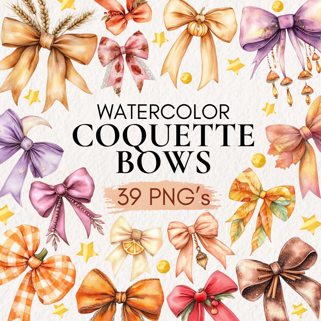 Watercolor Coquette Bows Clipart | Fall Ribbon PNG (digital Download ...