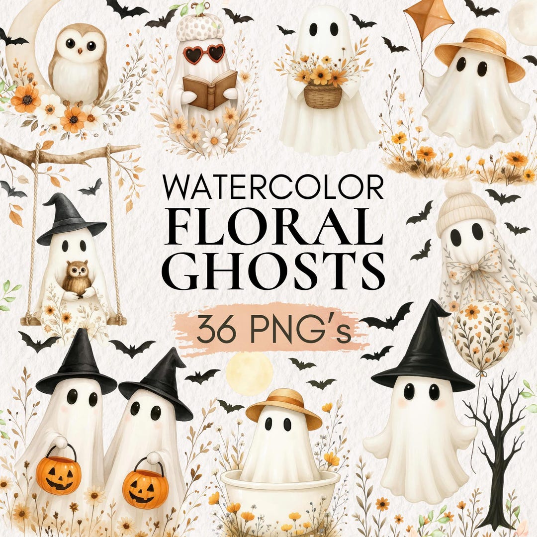Watercolor Floral Ghost Clipart, Cute Halloween PNG (36 Files) - Etsy