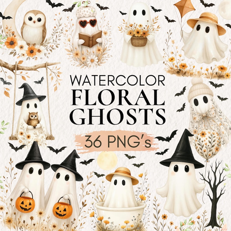 Watercolor Ghost and Flower Clipart, Cute Halloween Ghost PNG, Vintage ...