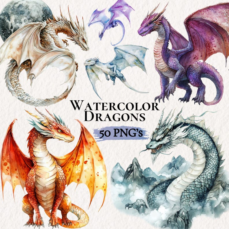 Dragons Watercolor Clipart, Elemental Dragons, Earth Dragon ...