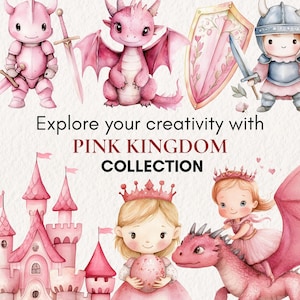 Pink Princess Castle Watercolor Clipart, Pink Princess PNG, Pink Dragon ...