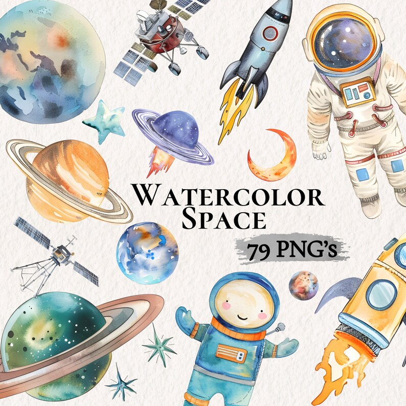 Watercolor Space Clipart Bundle, Astronaut Nursery Decor, Alien Clipart ...