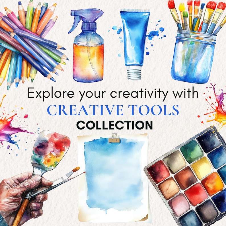 Watercolor Creative Tools Clipart, Art Supplies Clip Art, Paint Brushes ...