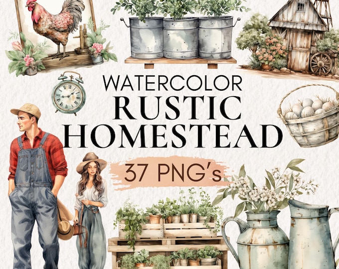 Watercolor Rustic Farmhouse, Cottagecore Clip Art, Rustic Clipart ...