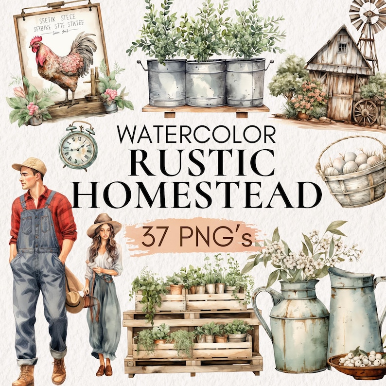 Watercolor Rustic Farmhouse, Cottagecore Clip Art, Rustic Clipart ...
