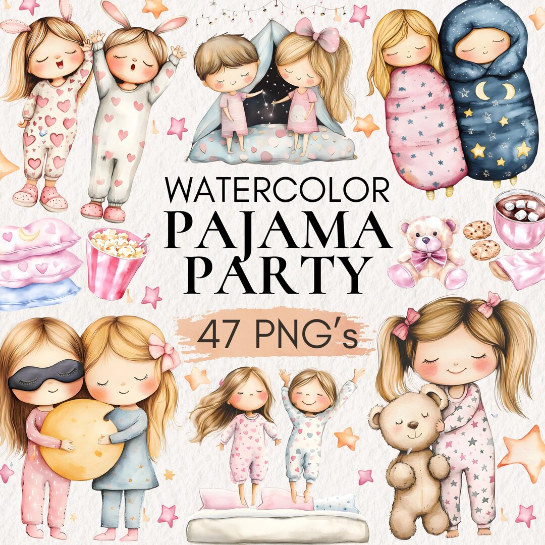 Watercolor Pajama Party Clipart, Slumber Party PNG Bundle, Sleepover ...