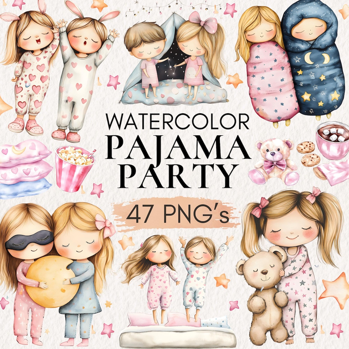 Watercolor Pajama Party Clipart, Slumber Party PNG Bundle, Sleepover ...