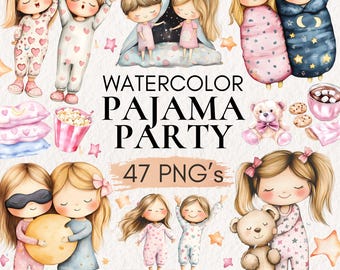 Watercolor Pajama Party Clipart, Slumber Party PNG Bundle, Sleepover ...