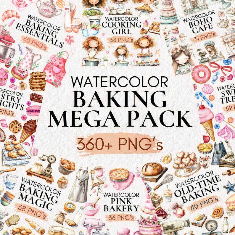 Watercolor Baking Clipart MEGA Bundle, Pastry, Kitchen Graphics PNG ...