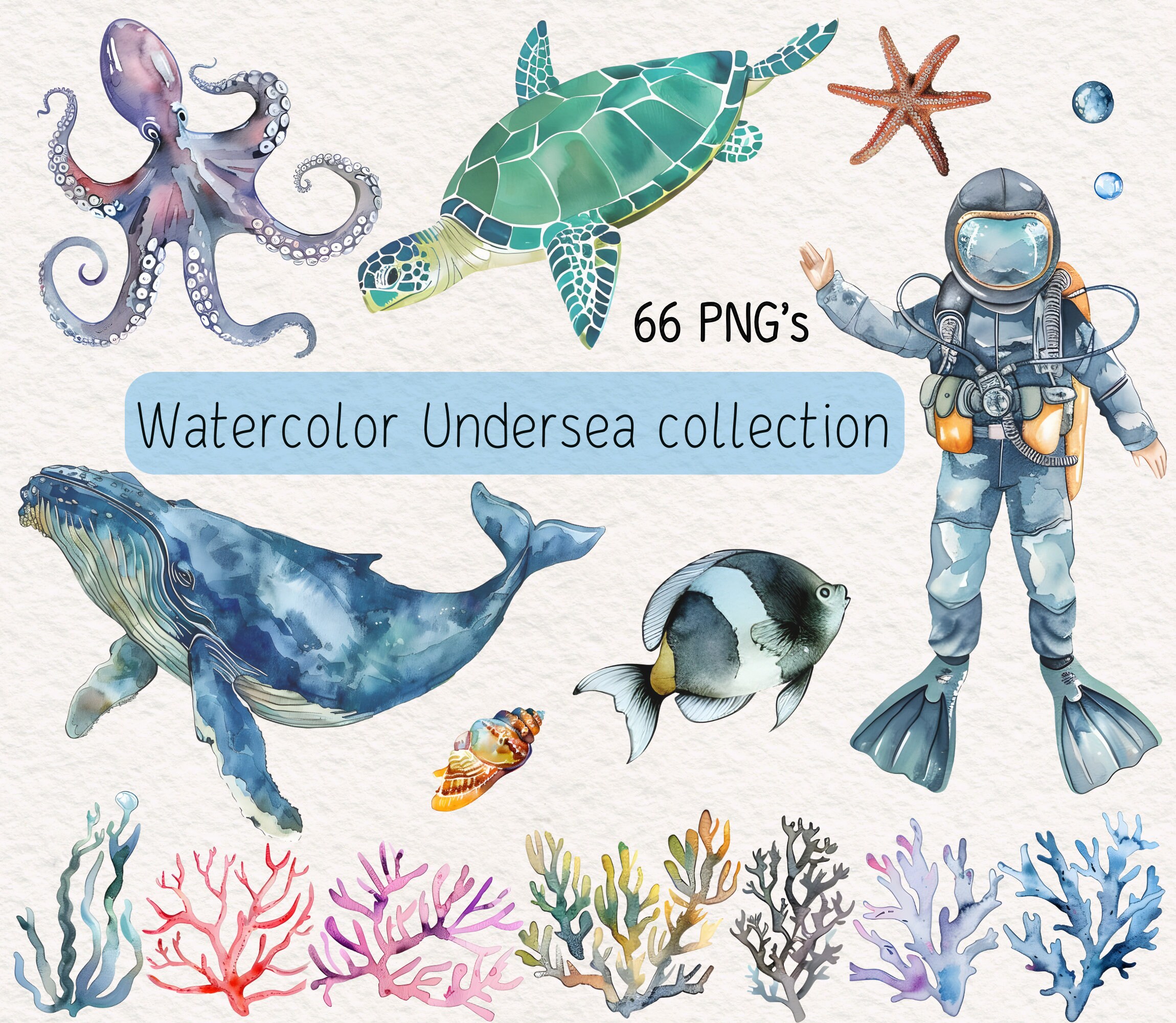 Watercolor Undersea Clipart Bundle, Nursery Decor, Baby Wall Art, Ocean ...