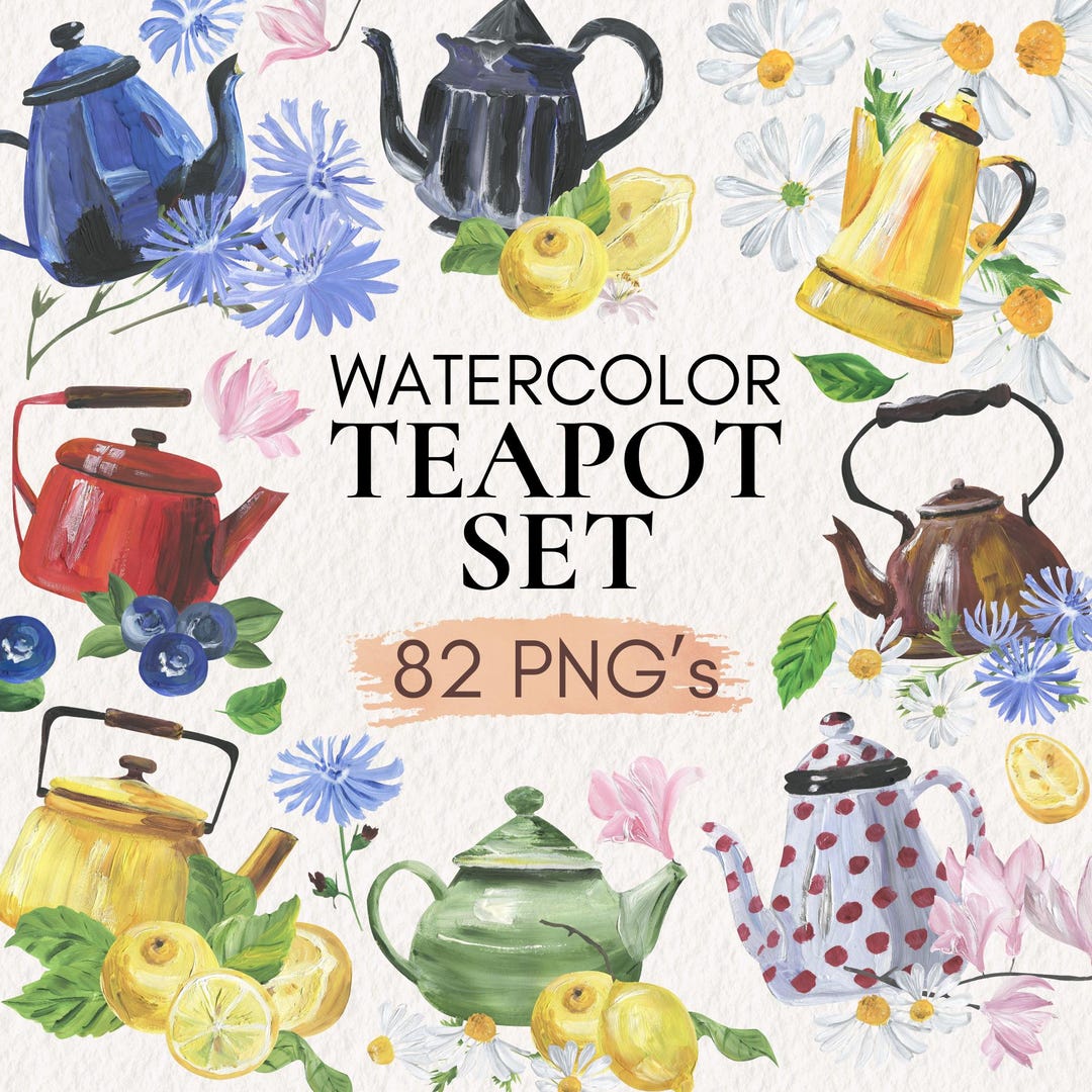 Watercolor Teapot Clipart | Tea Party PNG Set | Floral Teapot & Lemon ...