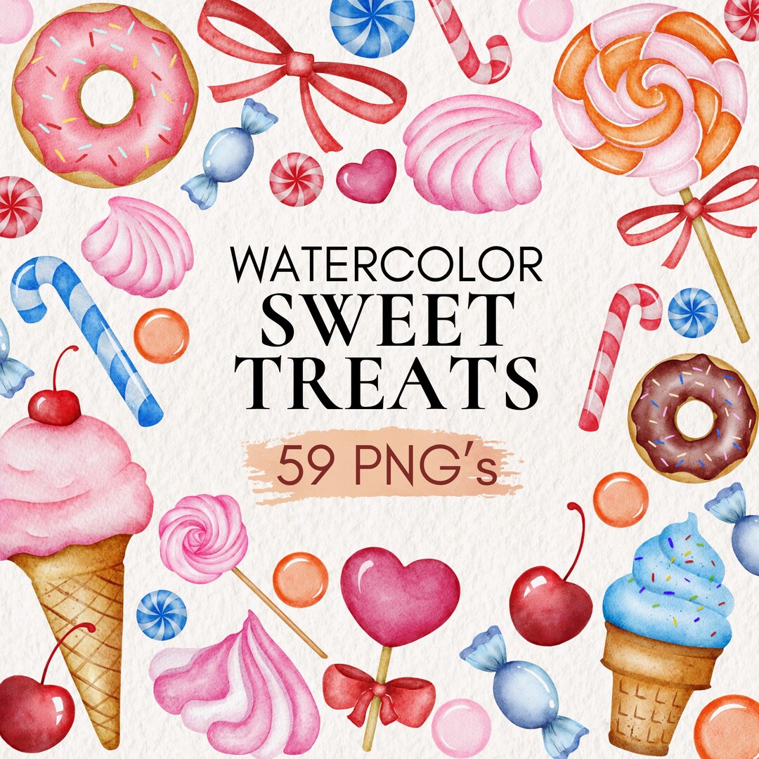 Watercolor Sweet Treats Clipart, Sweet Snacks PNG, Cupcakes, Donuts ...
