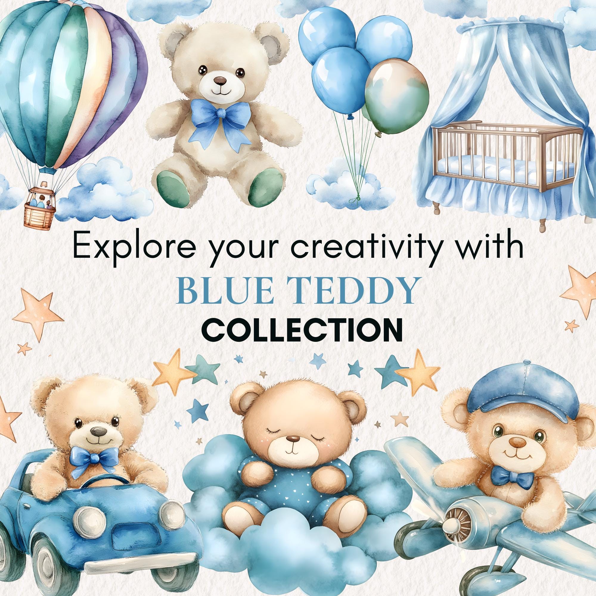 Watercolor Blue Teddy Bear Clipart, Baby Shower PNG, Cute Teddy Bear ...