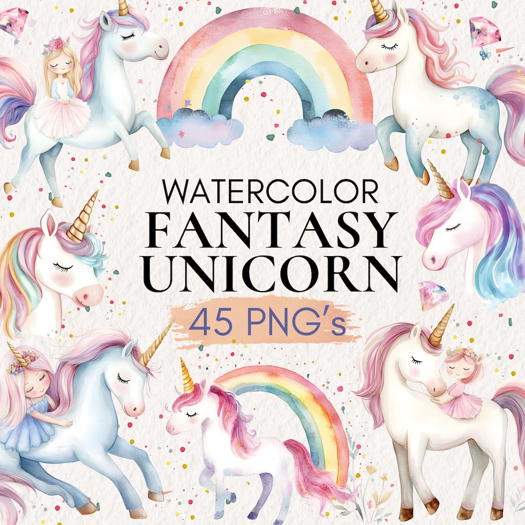 Unicorn Dreams Watercolor Clipart, Magical Unicorn PNG, Fairytale ...