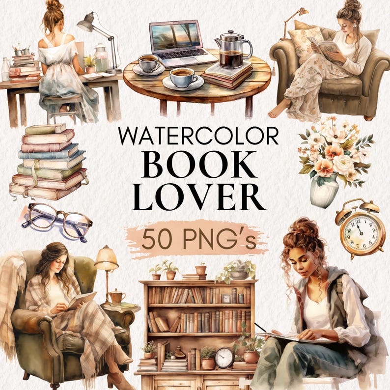 Watercolor Book Lover Clipart, Cozy Reading PNG (50 Files) - Etsy
