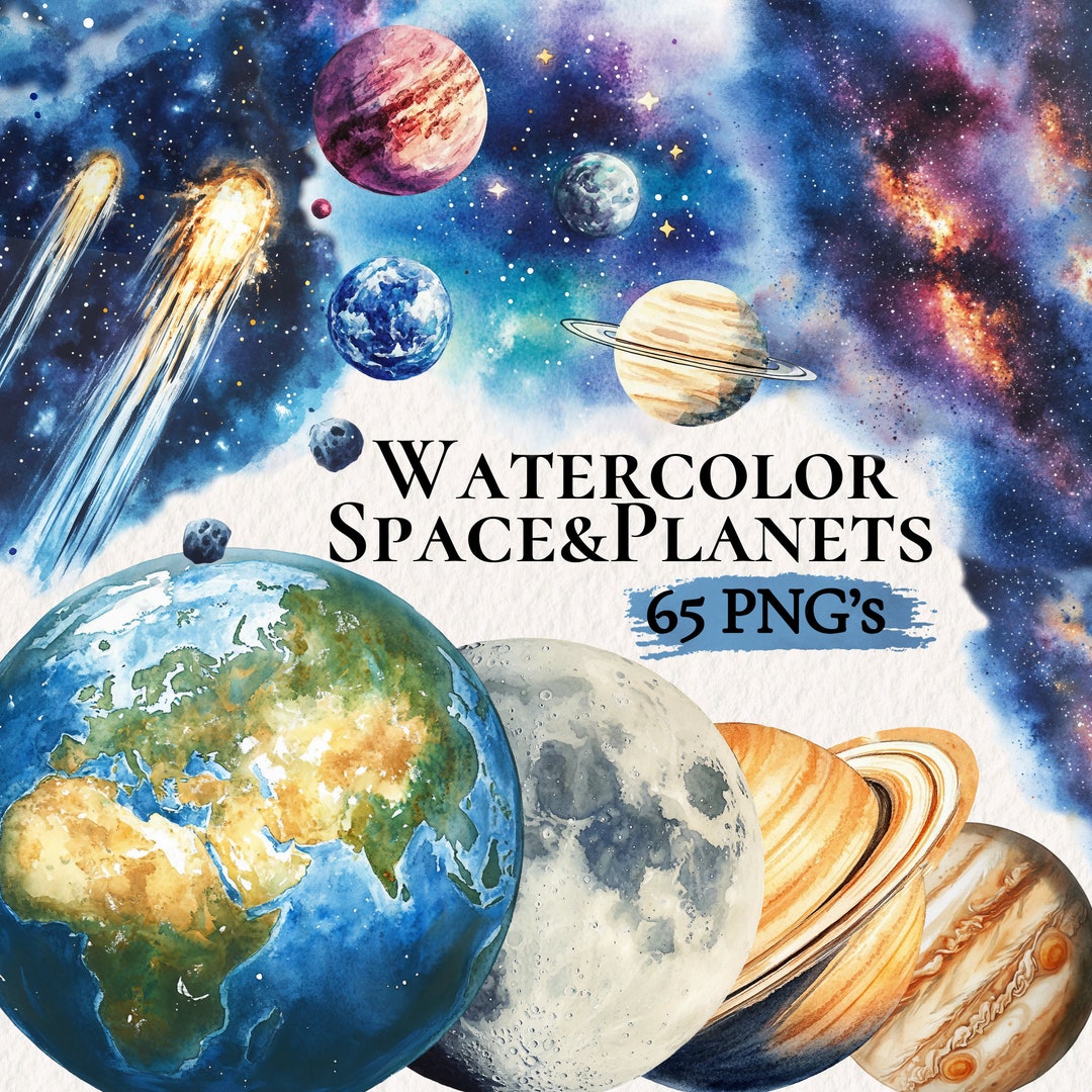 Watercolor Space Clipart Bundle, Watercolor Planets Clipart, Space ...