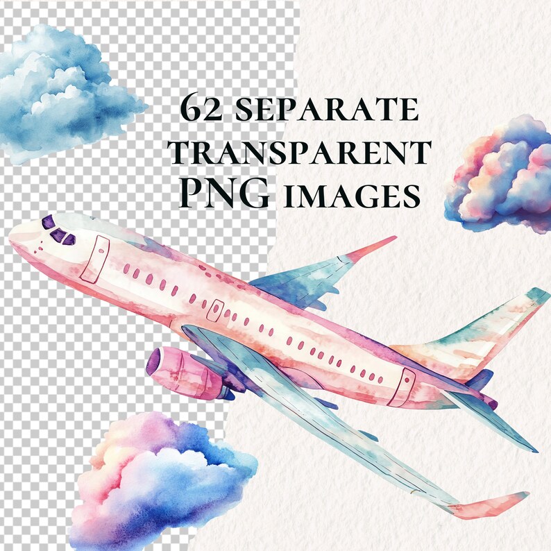 Watercolor Air Transport Clipart, Airplane, Rocket (PNG Digital ...
