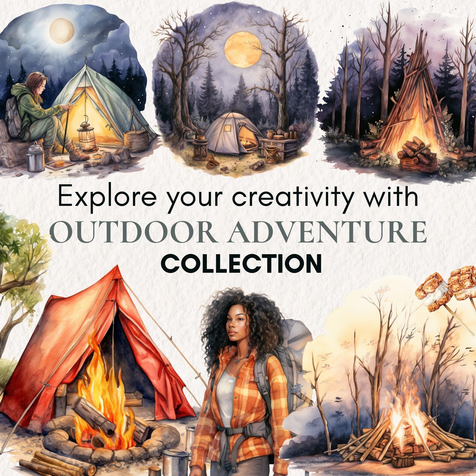 Watercolor Camping Clipart, Campfire, Backpack, Campsite Illustrations ...
