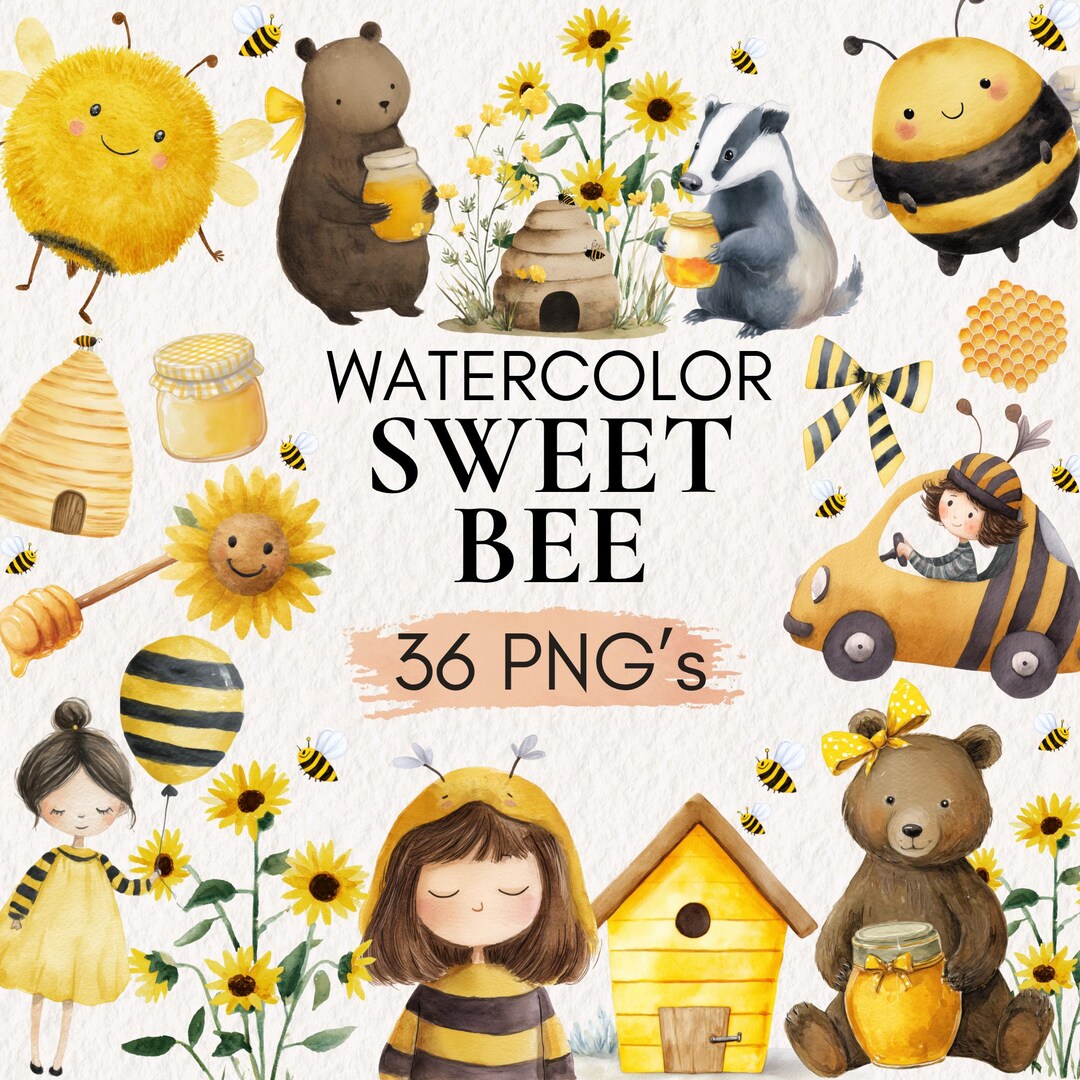 Watercolor Bee Clipart | Cute Honey Bee PNG Set | Sunflower & Honey Jar ...