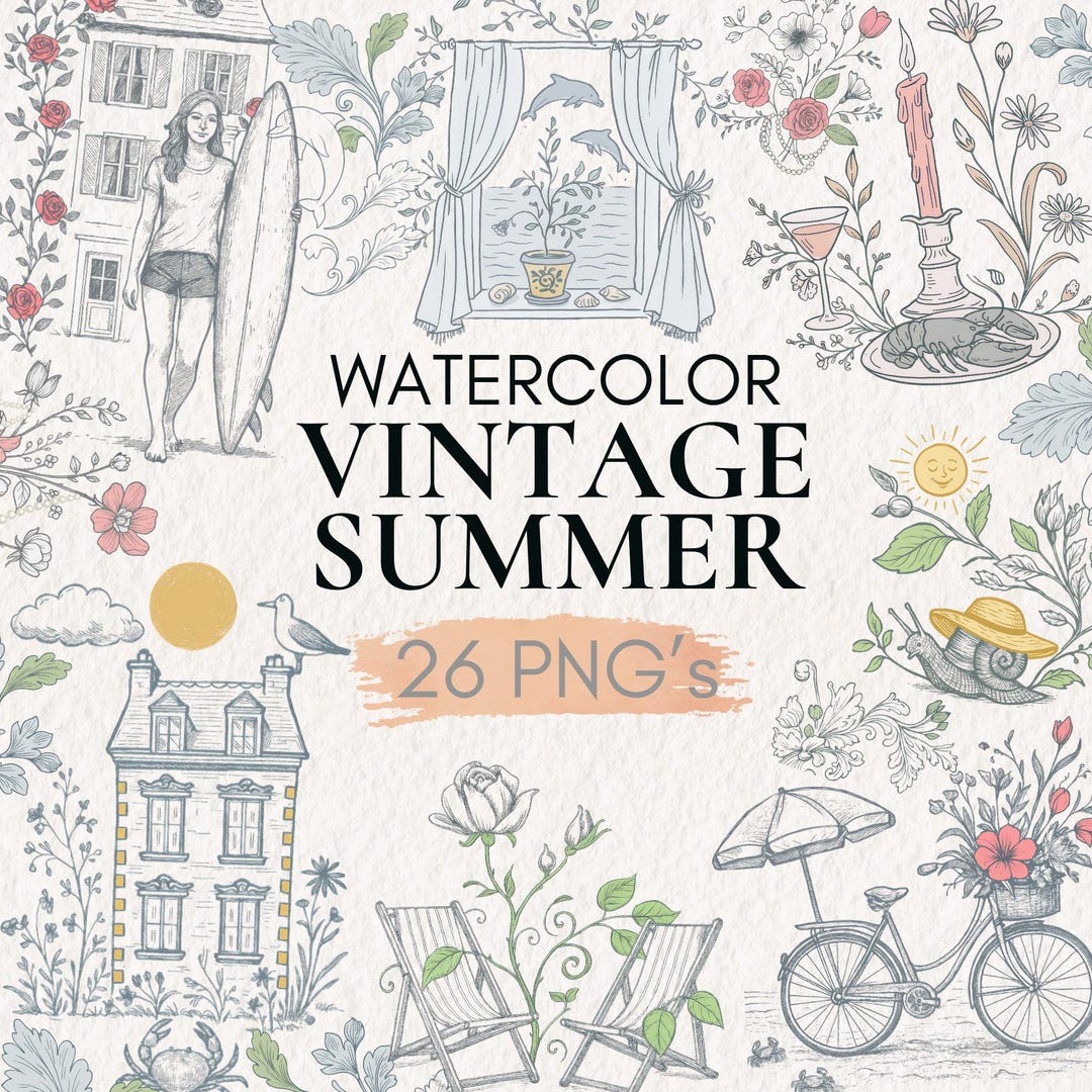 Watercolor Vintage Summer Clipart, Retro Beach Doodles, Coastal ...
