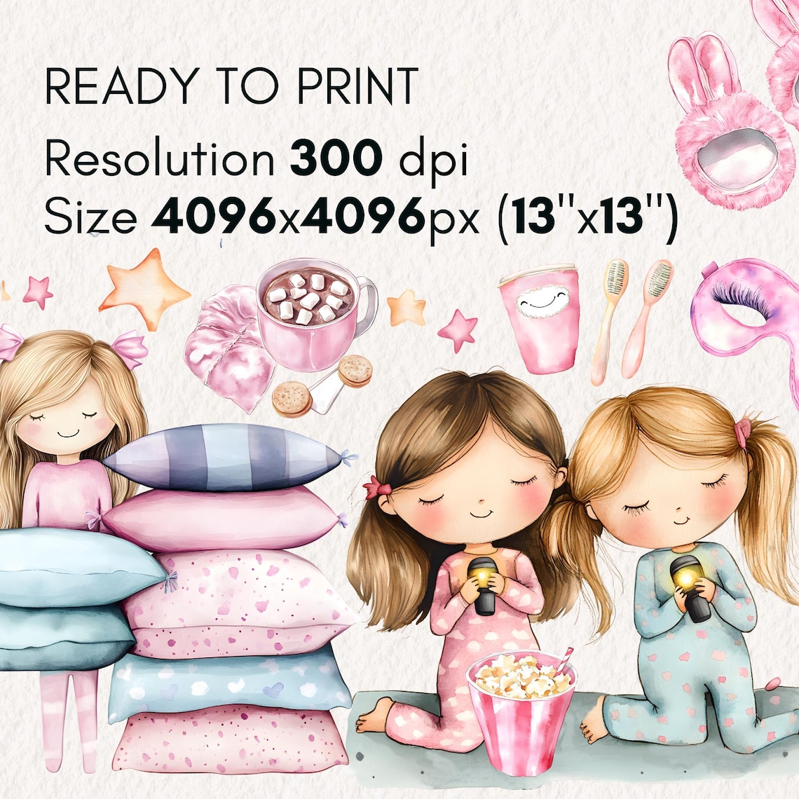 Watercolor Pajama Party Clipart, Slumber Party PNG Bundle, Sleepover ...