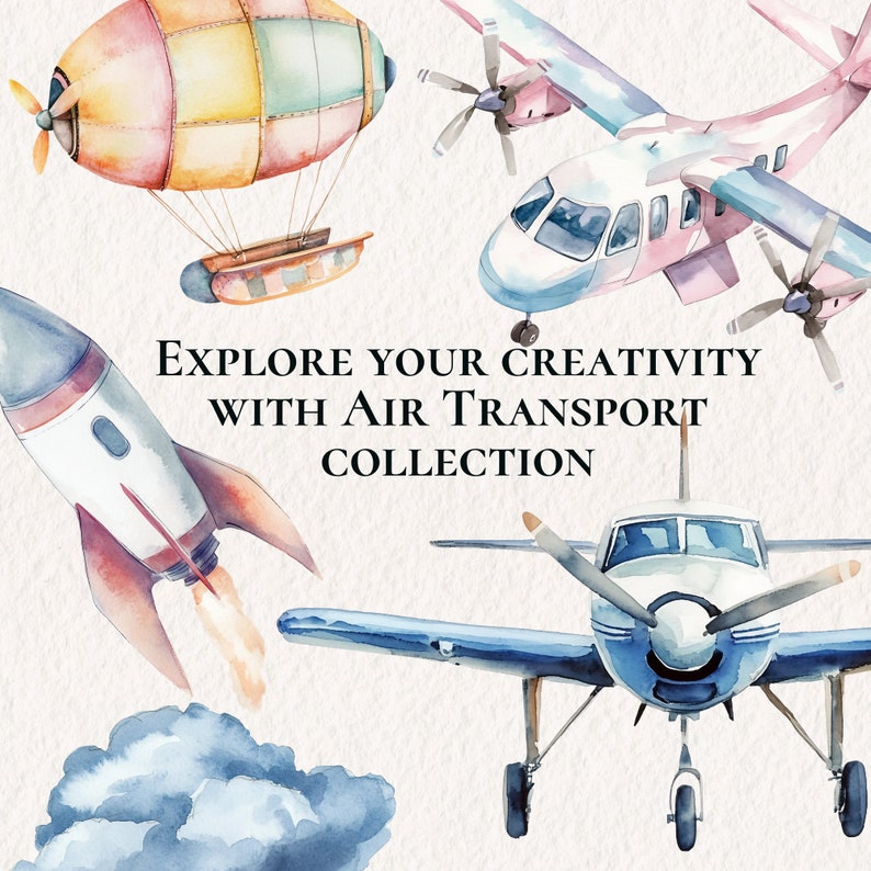 Air Transport Watercolor Clipart, Airplane Clip Art, Kids Art, Hot Air ...