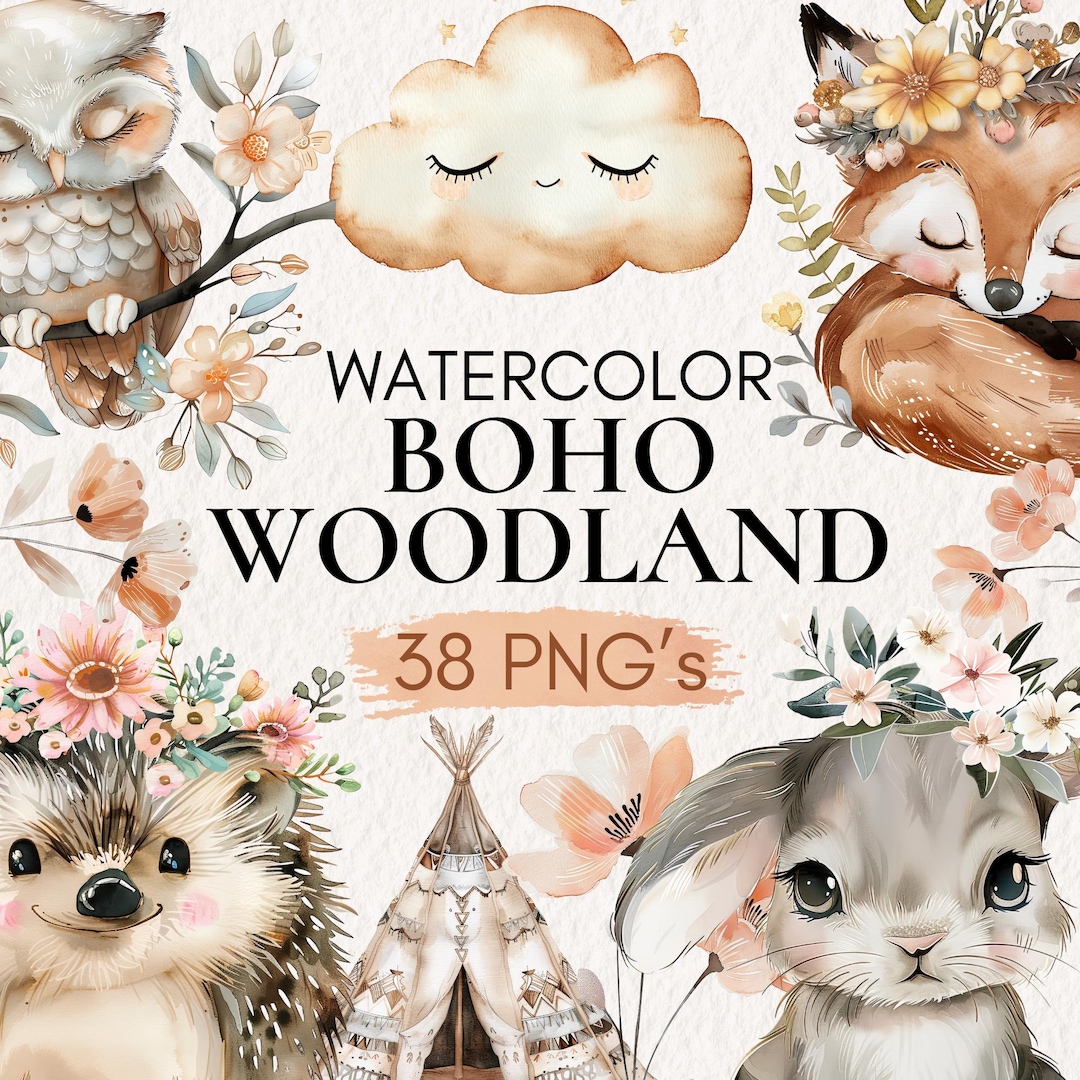 Watercolor Boho Woodland Clipart, Baby Animals PNG, Woodland Creatures ...
