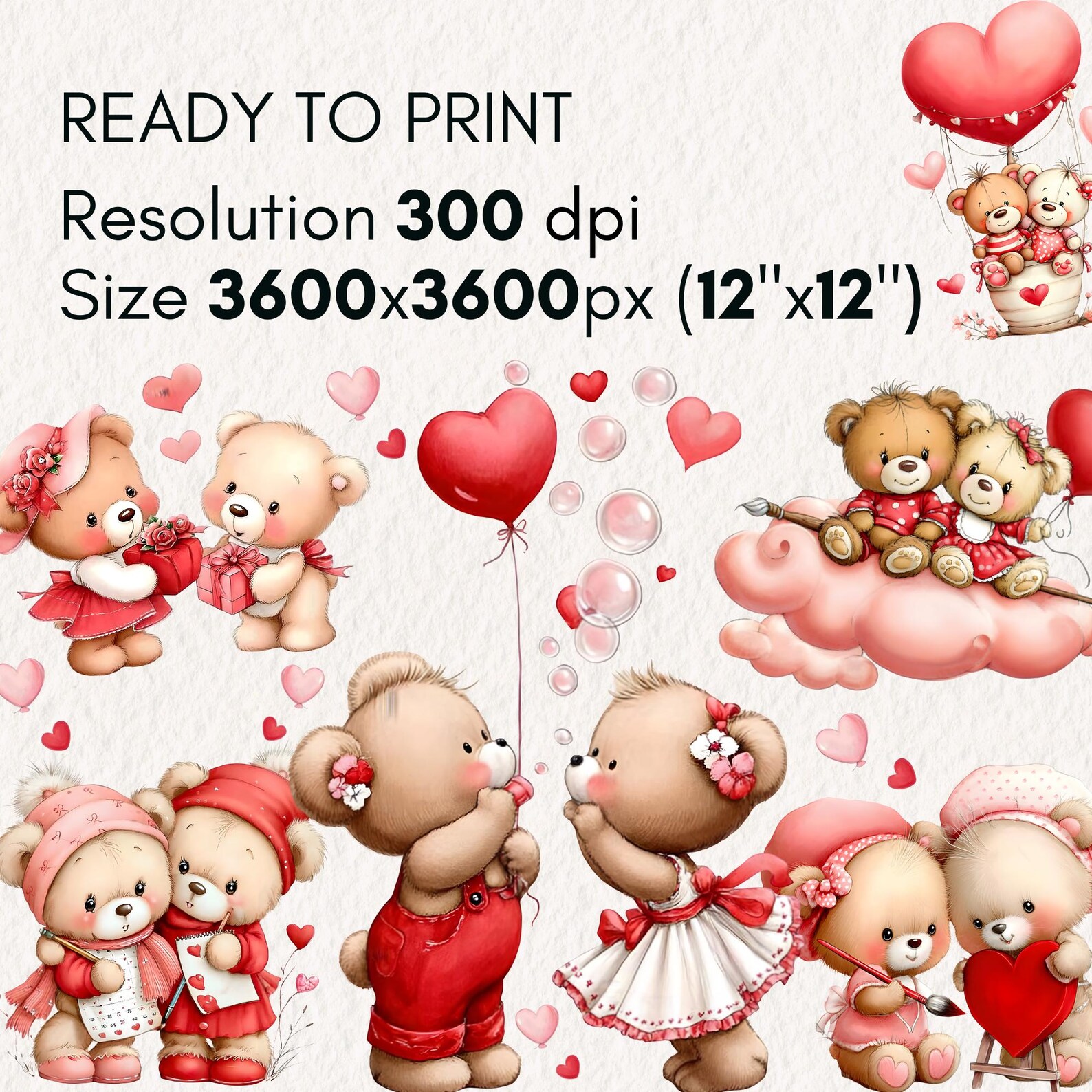 Watercolor Teddy Couple Clipart Bundle | Cute Bear Couples Hearts PNG ...
