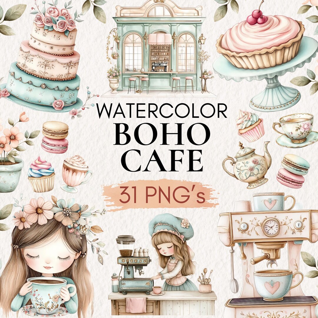 Watercolor Boho Cafe Clipart, Coffee Shop PNG, Bohemian Coffee ...