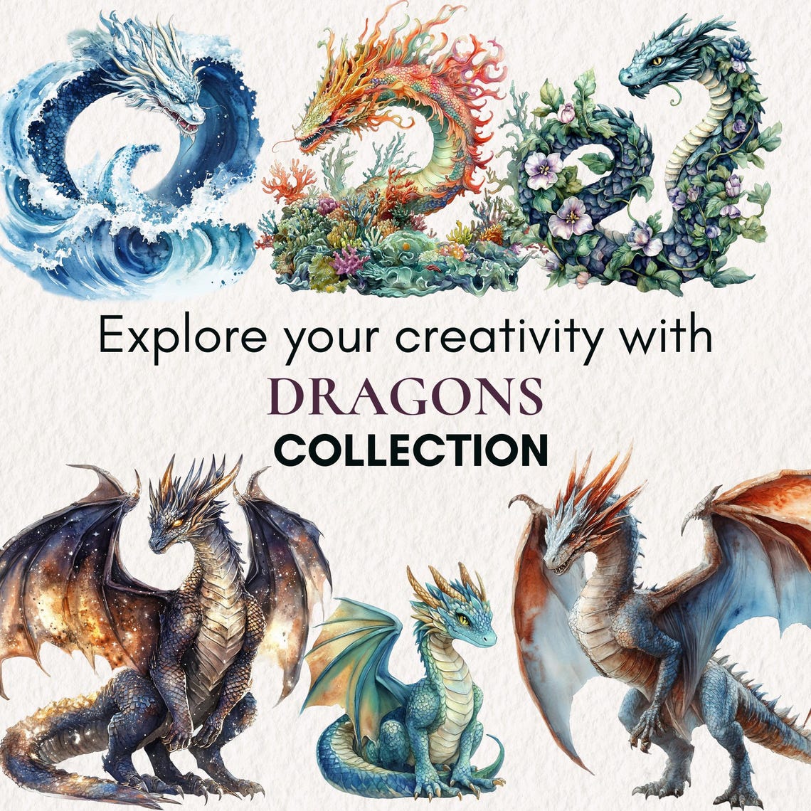 Dragons Watercolor Clipart, Elemental Dragons, Earth Dragon ...