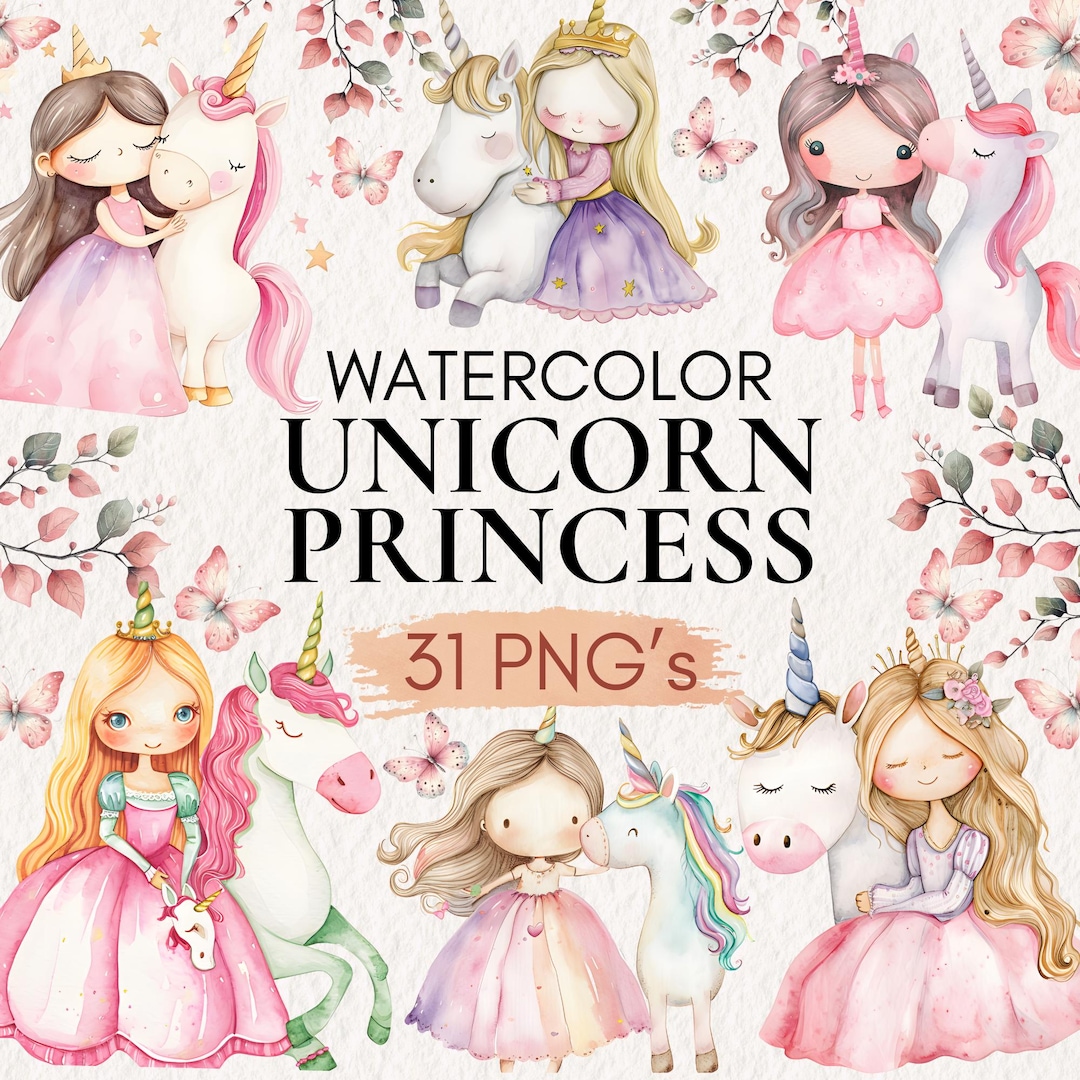 Watercolor Unicorn Princess Clipart, Princess & Unicorn, Fairy Tale PNG ...