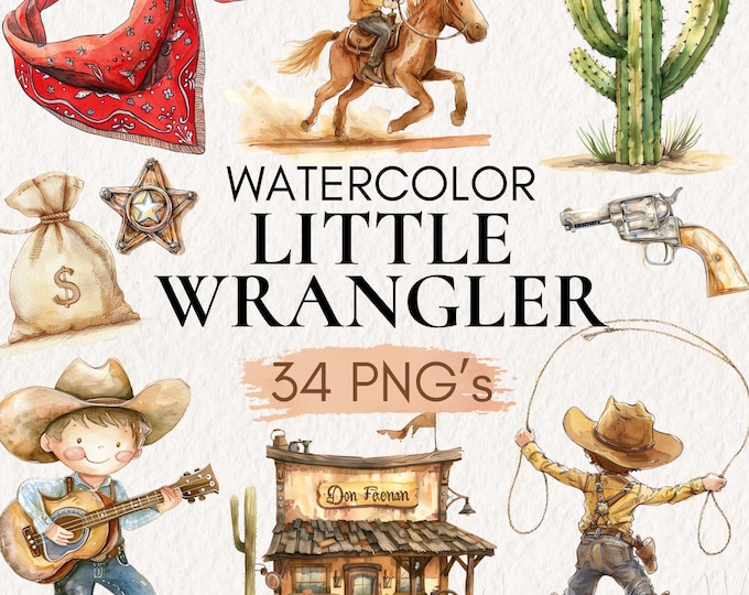 Watercolor Cowboy Clipart, Little Wrangler PNG Graphics (34 Files) - Etsy