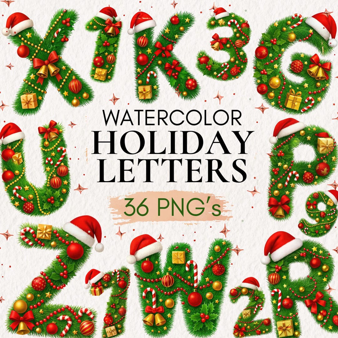 Watercolor Christmas Alphabet Clipart | Holiday Letters & Numbers PNG ...
