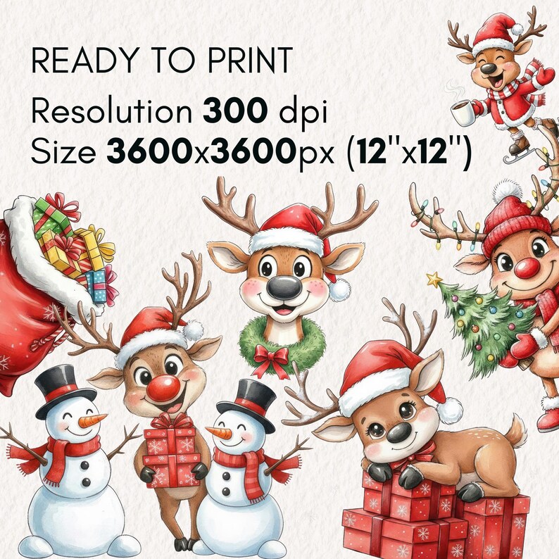 Watercolor Reindeer Clipart | Funny Christmas Deer PNG | Holiday Animal ...