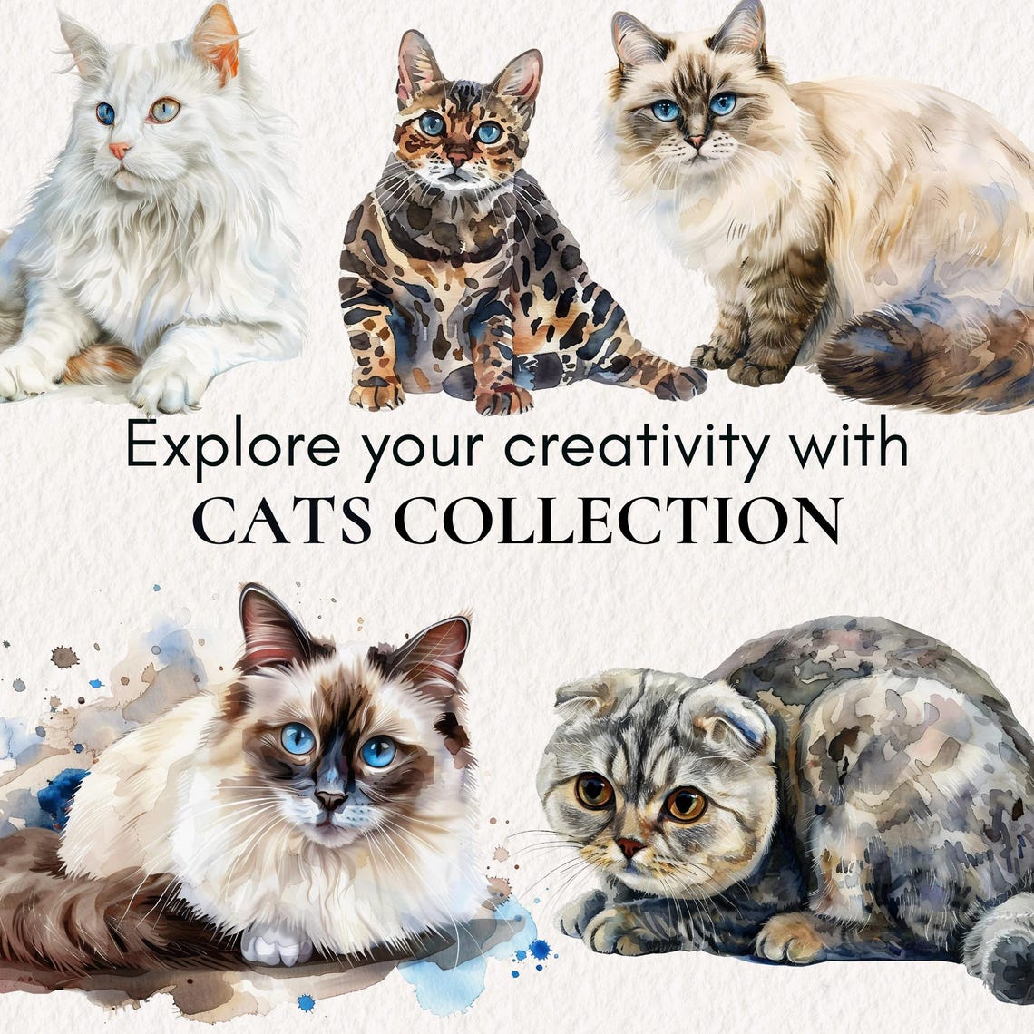 Watercolor Cats Clipart, Cat Clip Art, Cat Birthday Party Decor, Cat ...