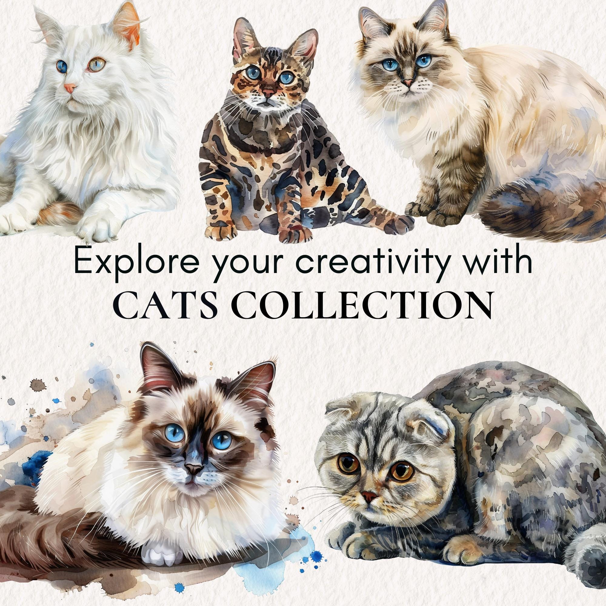 Watercolor Cats Clipart, Cat Clip Art, Cat Birthday Party Decor, Cat ...