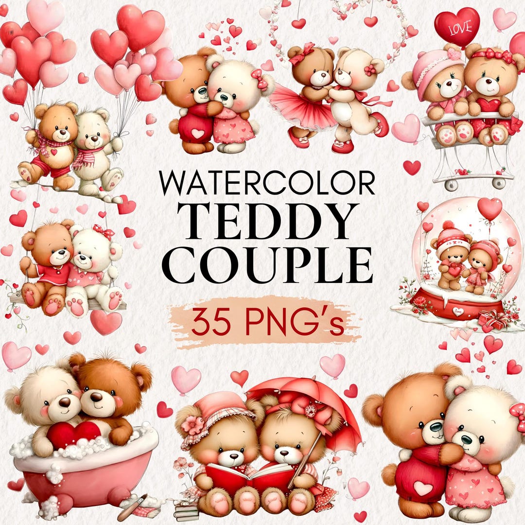 Watercolor Teddy Couple Clipart Bundle | Cute Bear Couples Hearts PNG ...
