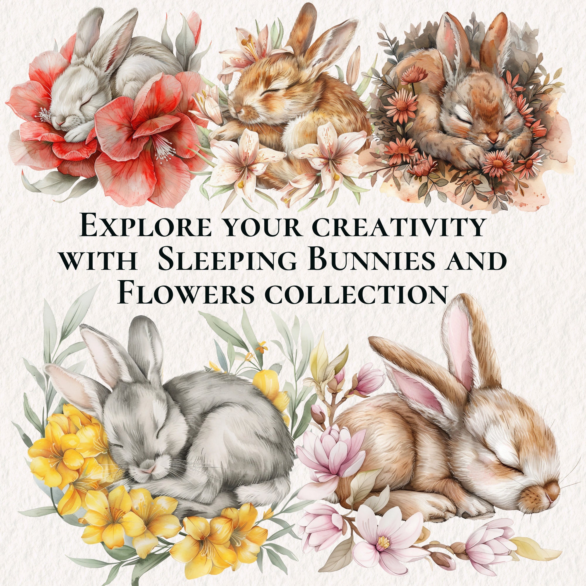 Watercolor Sleeping Bunny Clipart, Bunny and Flowers Clipart, Bunny ...