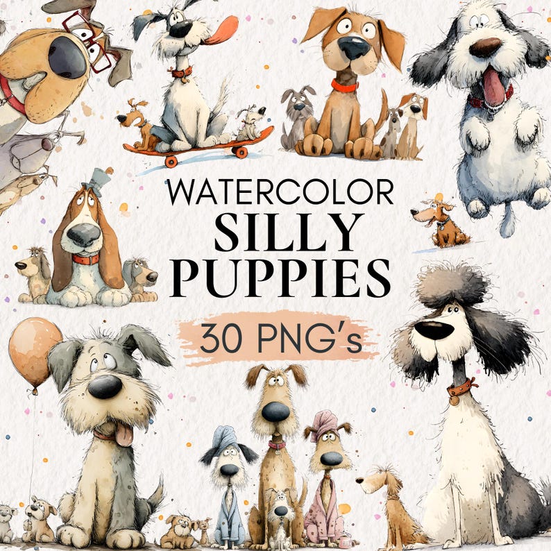 Watercolor Funny Dog Clipart Bundle, Cartoon Pup PNG, Whimsical Dog ...