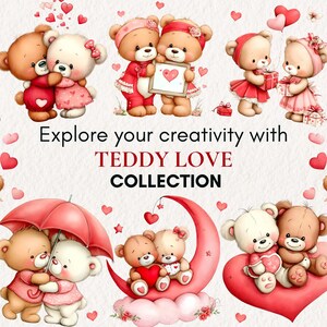 Watercolor Teddy Couple Clipart Bundle | Cute Bear Couples Hearts PNG ...