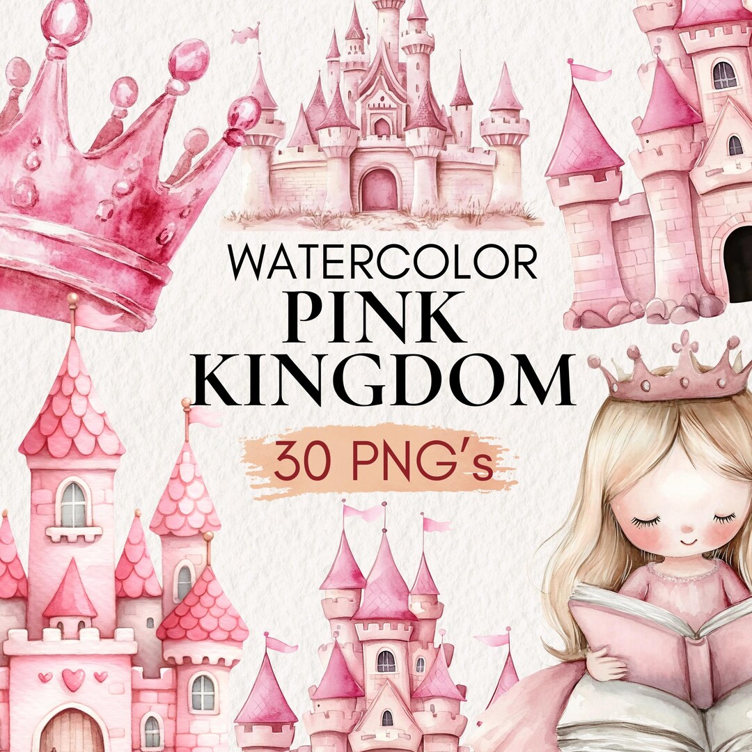 Pink Princess Castle Watercolor Clipart, Pink Princess PNG, Pink Dragon ...